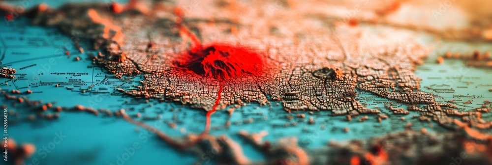 Red area highlighting the epicenter of an earthquake on a three ...