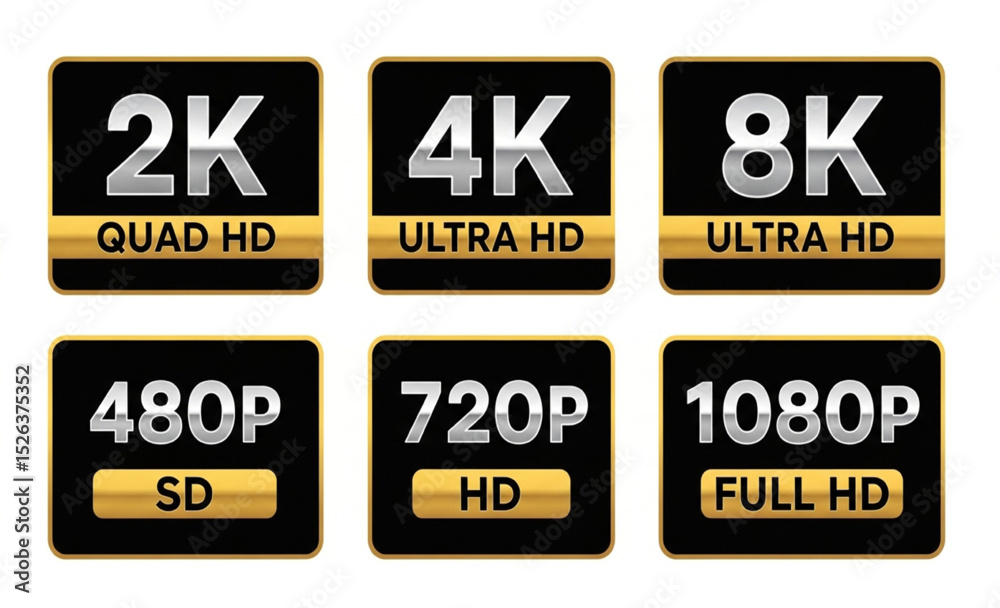 Resolution Display Icons: 2K, 4K, 8K, 480p, 720p, 1080p | Vector Set of ...