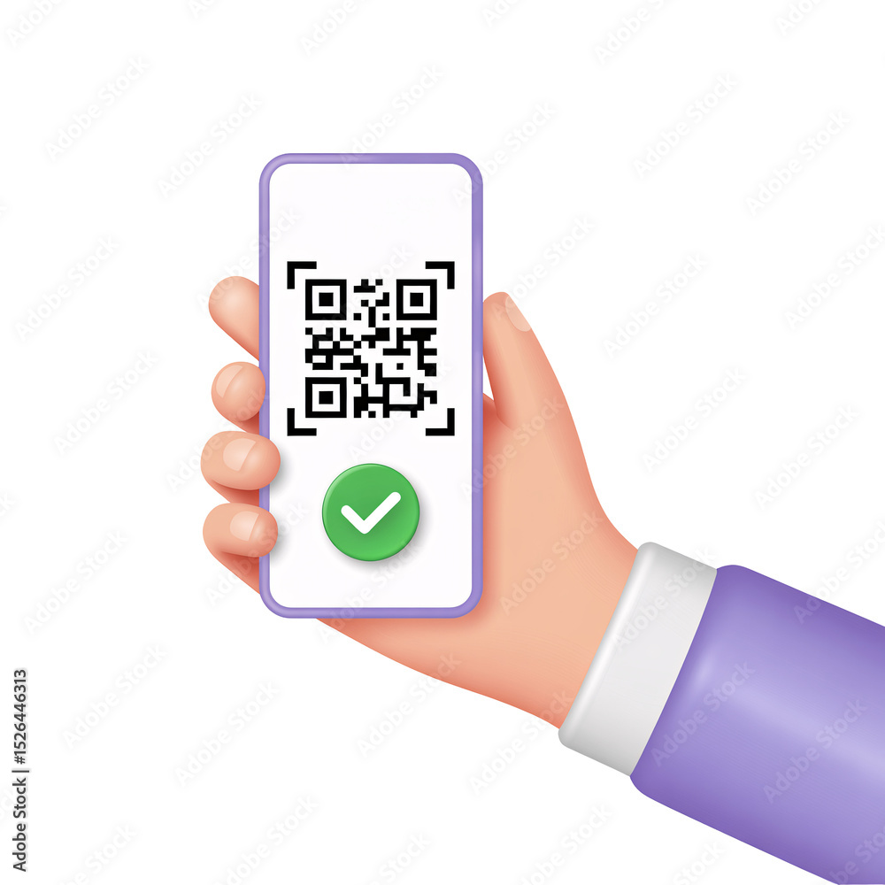 3D hand holding smartphone with QR code and green check mark isolated ...