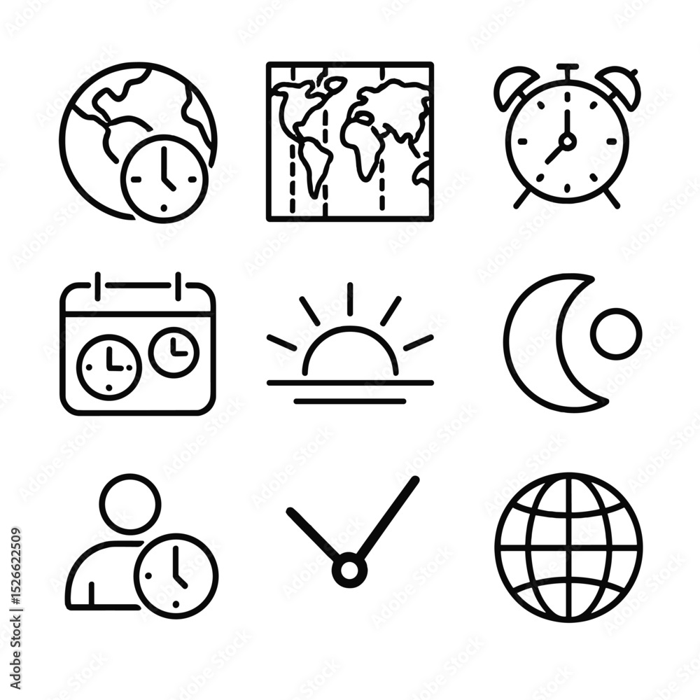 Time Zone Icons. Outline icon set of time zone management: world clock ...
