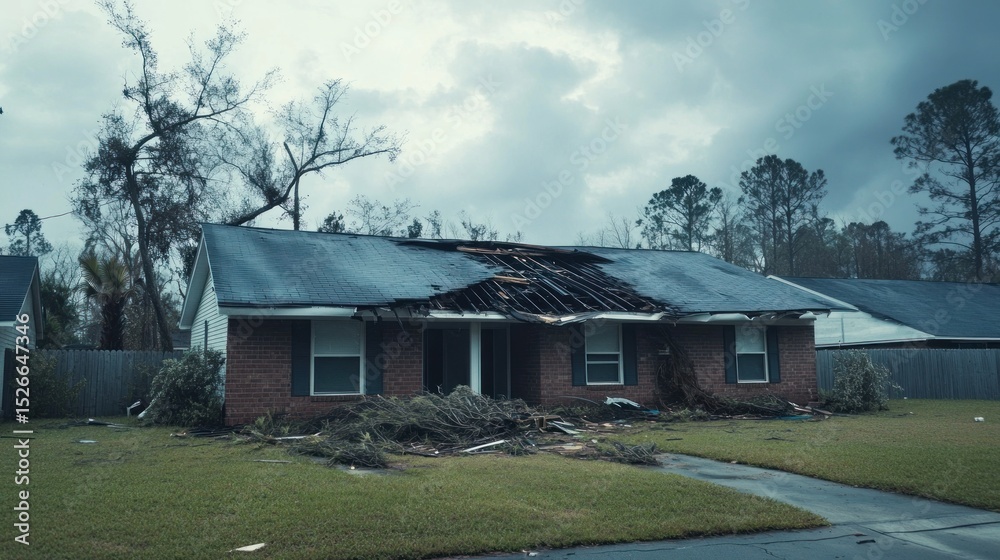 Damaged home after a severe storm. Roof ripped off, debris scattered ...
