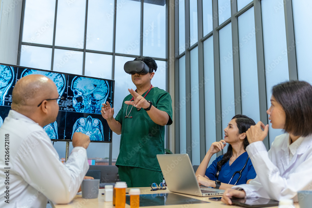 Group of professional doctors engaged in a discussion or meeting in a ...