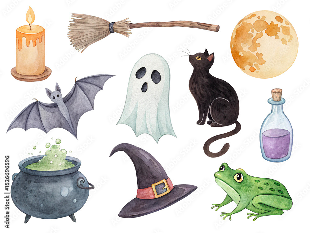 Watercolor clipart set with 15 spooky and cozy Halloween elements ...