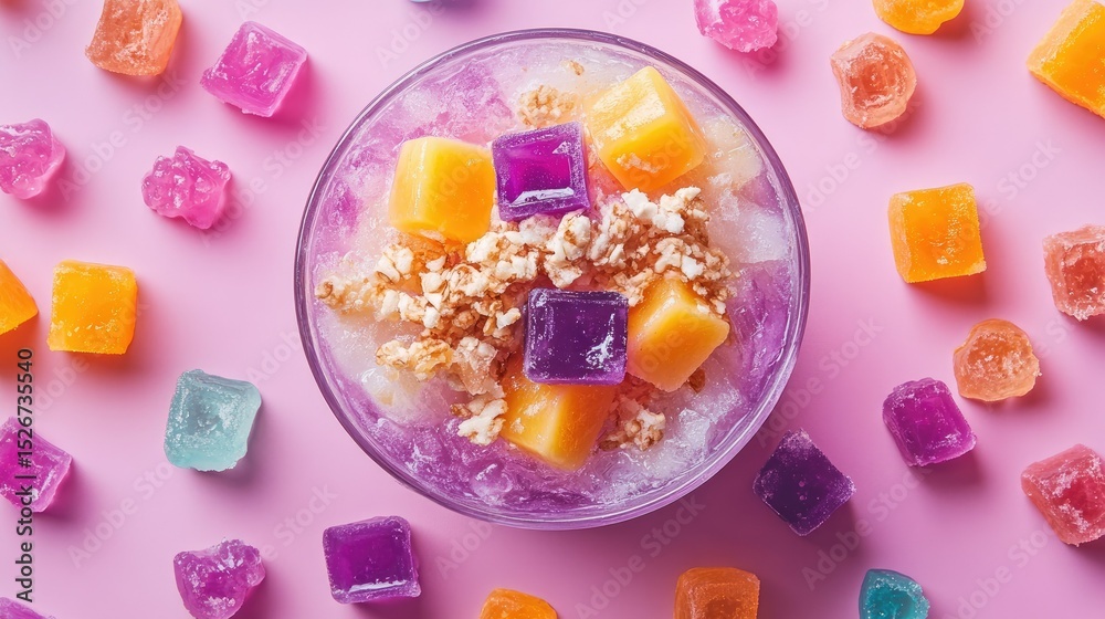 Flat lay of Filipino halo-halo with crushed ice, purple yam, flan, and ...