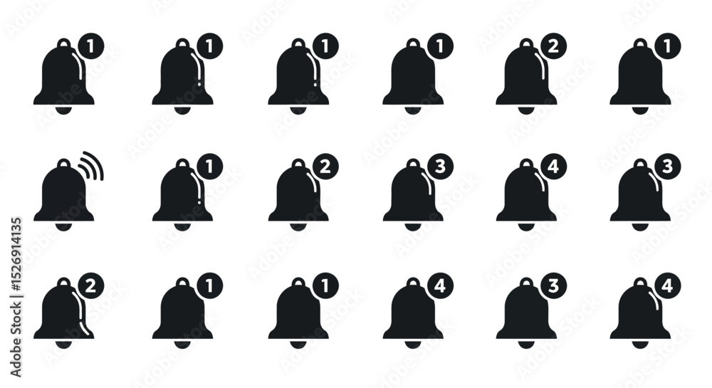 Black notification bell icons with various alert numbers and styles ...