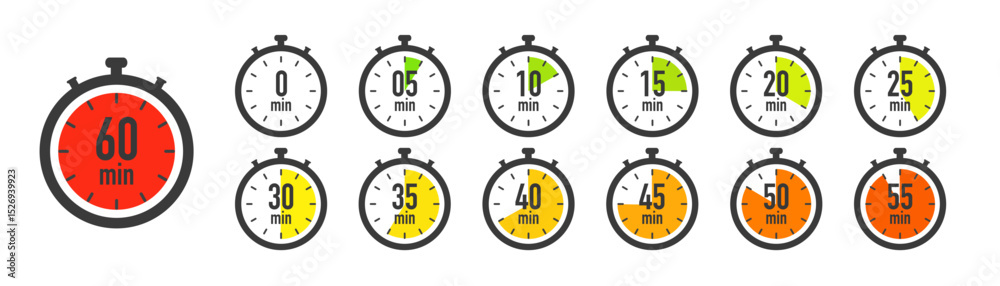 Timer, clock stopwatch icon set with 5 minutes gap. 5, 10, 15, 20, 25 ...
