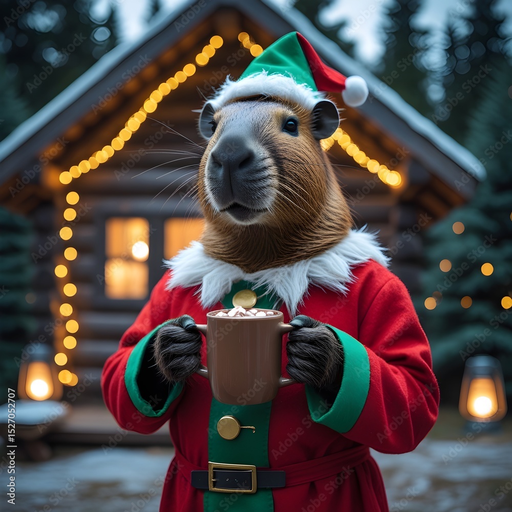 Christmas illustration of a capybara dressed as an elf, enjoying hot ...