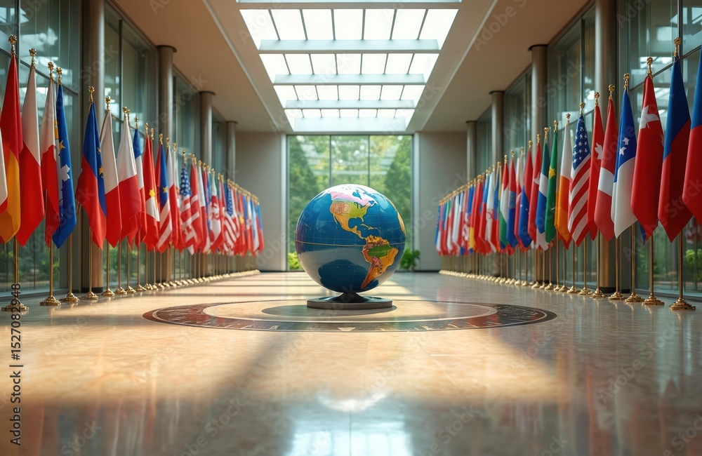 Globe surrounded by international flags in modern hall interior. Symbol ...