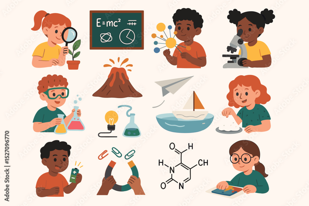 Diverse children doing science experiments collection. Cute cartoon students in STEM education ...