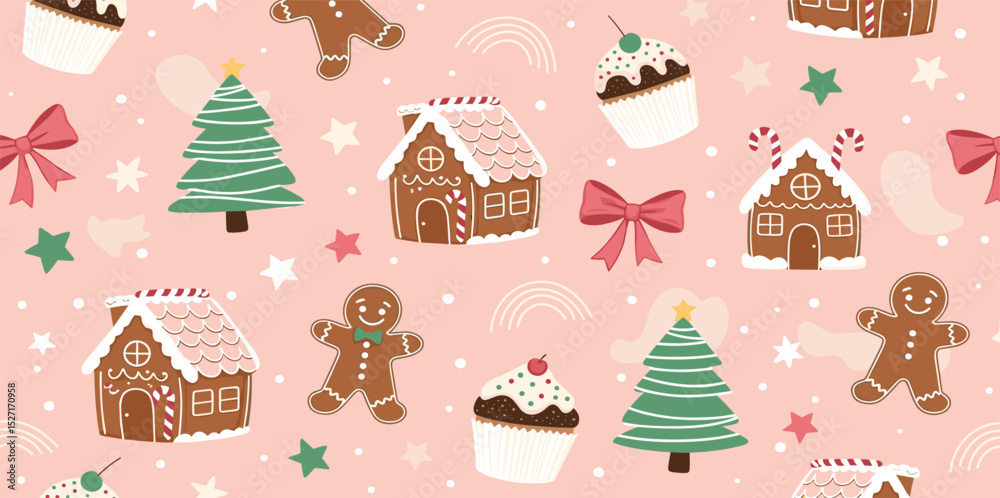 Pink Christmas dessert, gingerbread, bow knots seamless pattern. Winter ...