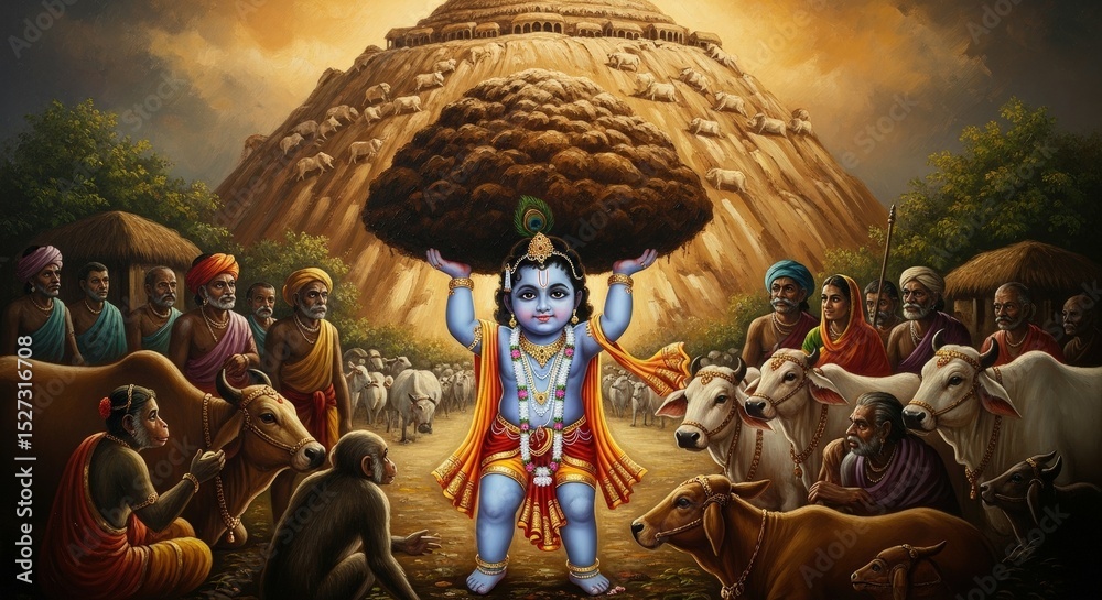 Lord krishna lifting govardhan hill hindu god mythology religious ...