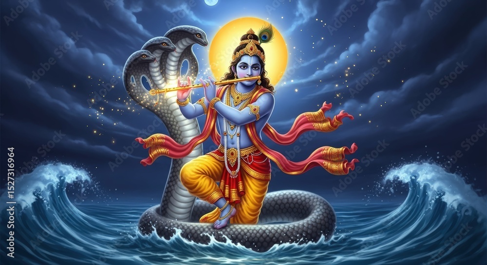 Krishna playing flute on kailiya serpent hindu god mythology divine ...