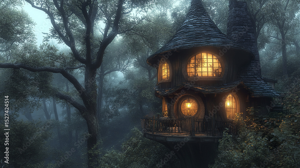 whimsical treehouse nestled misty forest, featuring lantern lit windows ...