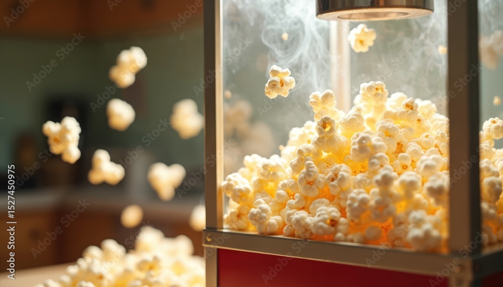 Popcorn machine making fresh popcorn with steam. Exploding kernels ...