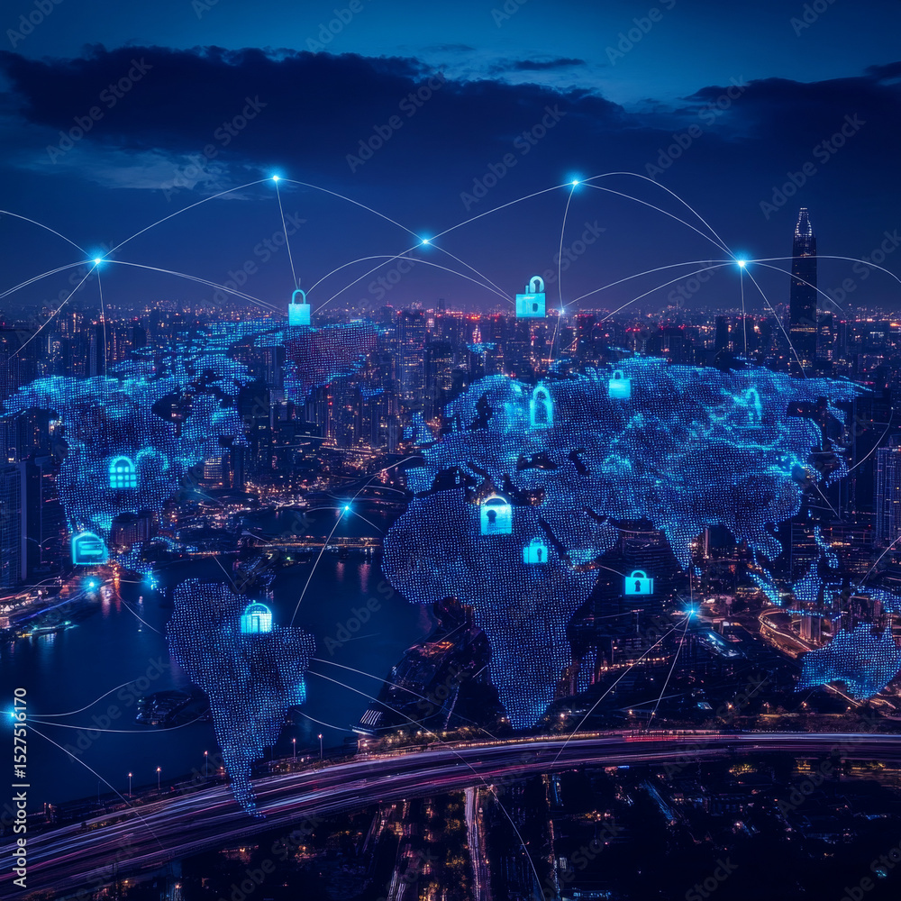 Hand touching global network connection and authorization processes, securing data, ensuring ...