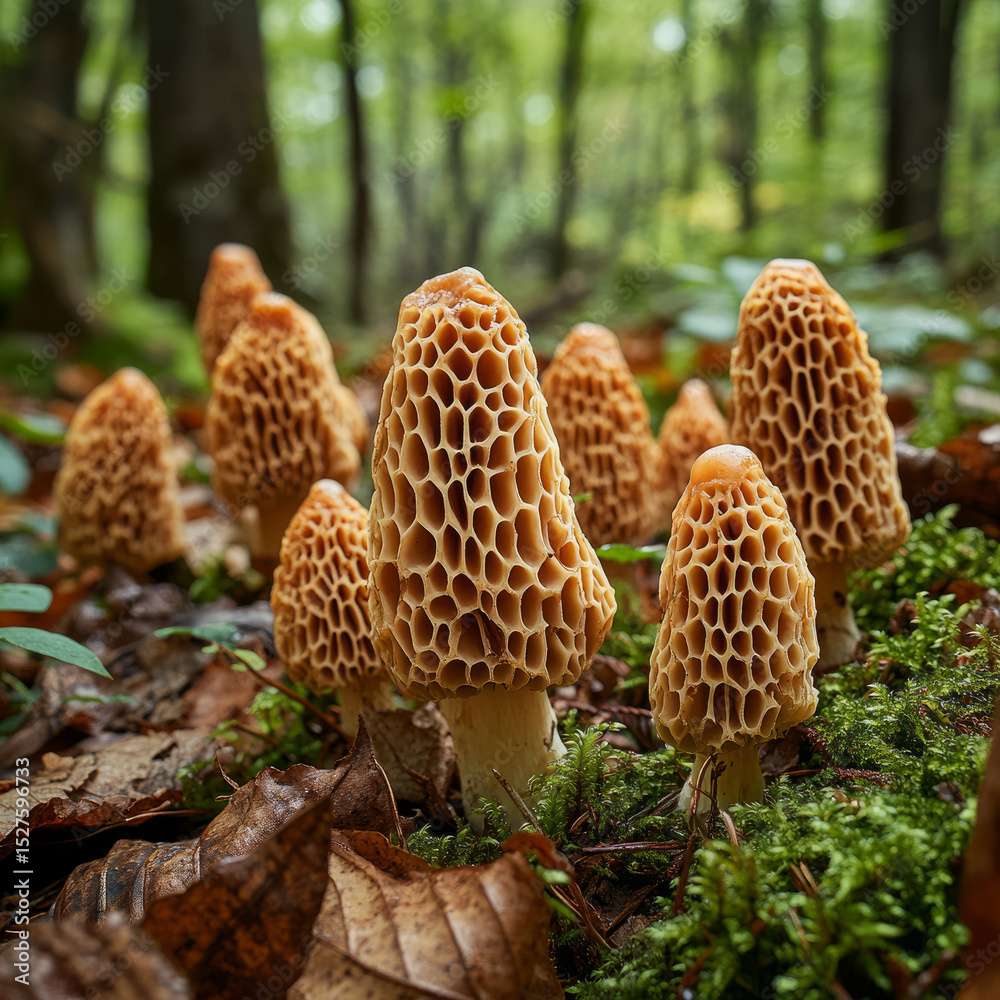 Cluster of morel mushrooms in a forest setting. Stock Photo | Adobe Stock