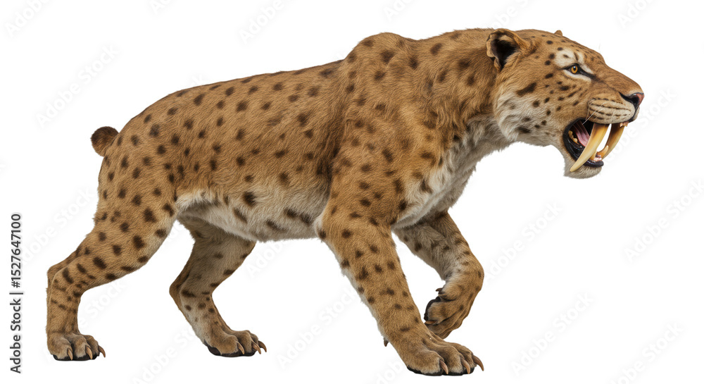 Fierce saber-toothed cat walking in a natural habitat during the ...