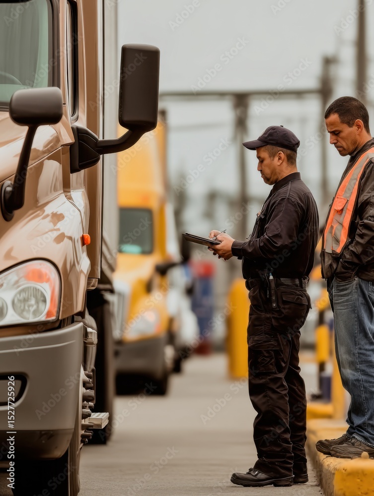 Stock-Foto „DOT officer conducts inspection at roadside checkpoint with ...