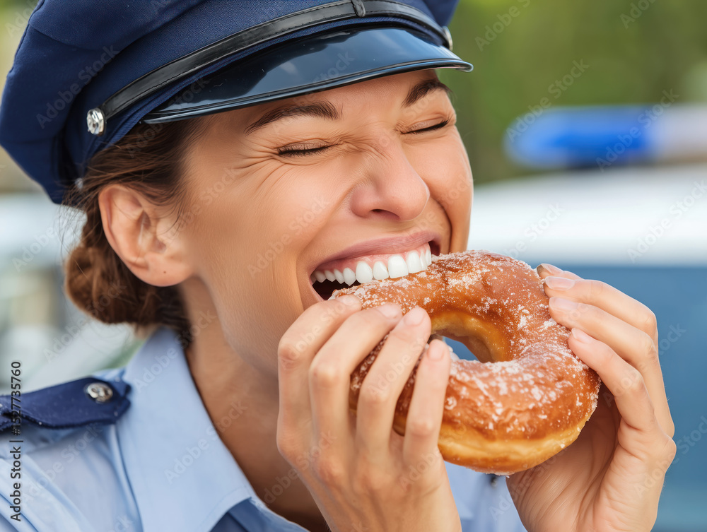 Beautiful police woman or female police officer eating a donut Stock ...