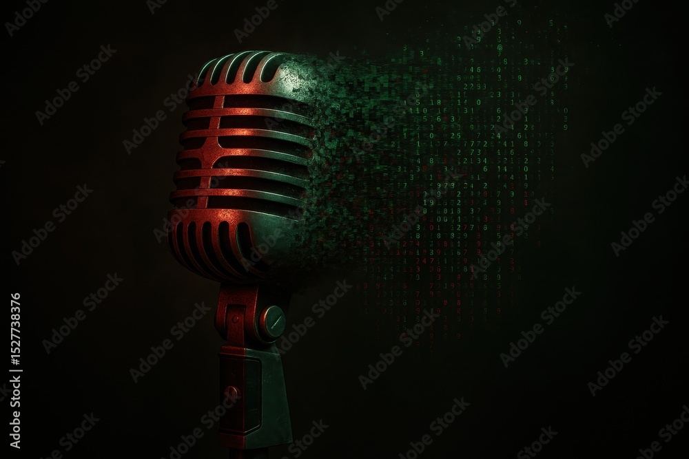 Vintage microphone disintegrating into digital binary code, representing voice Deepfake ...