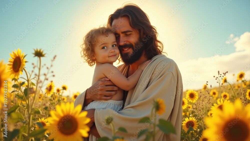 Ilustración de Stock Jesús abraza a un niño en un campo iluminado por ...