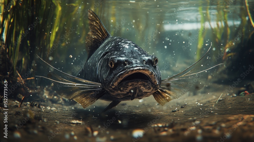 Dark fish, head-on view, underwater. Submerged in murky water ...