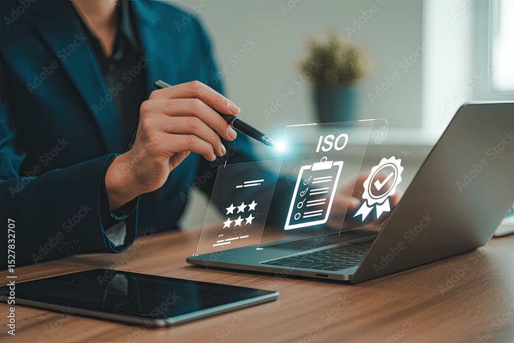 Businessman using laptop to manage iso certification and quality ...