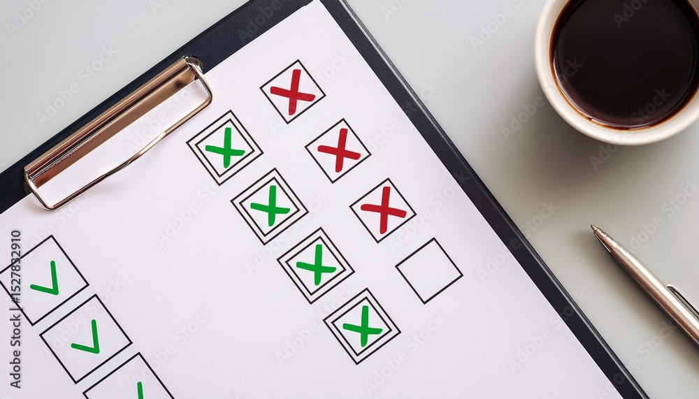 Checklist showing marked tasks with red and green symbols alongside a ...
