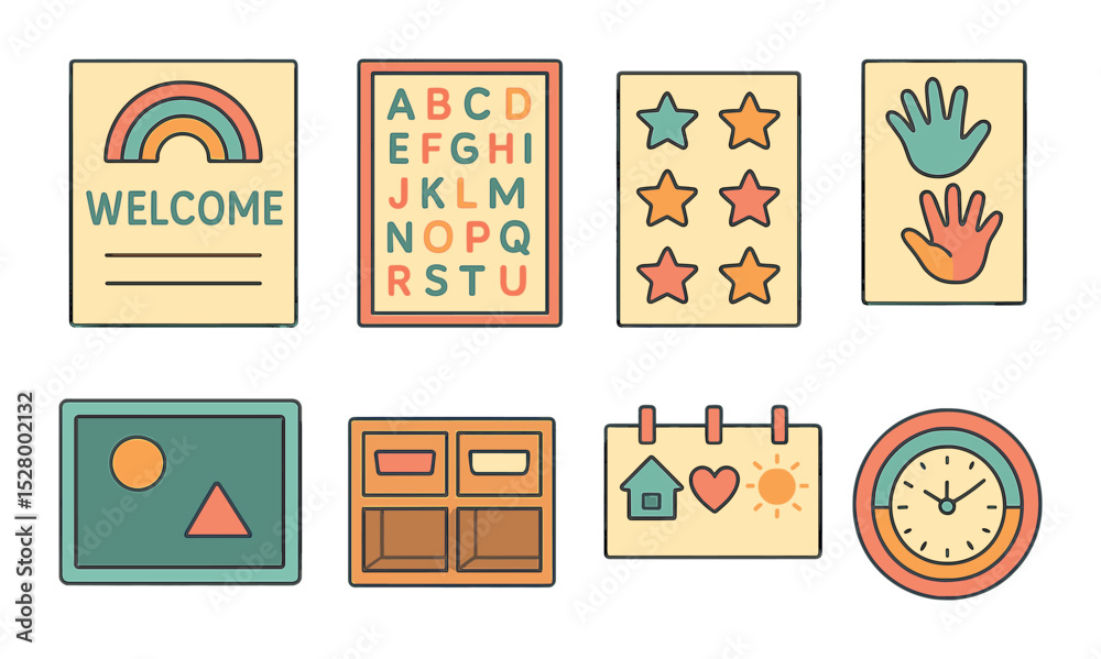Classroom decoration isometric set. welcome poster, alphabet chart ...
