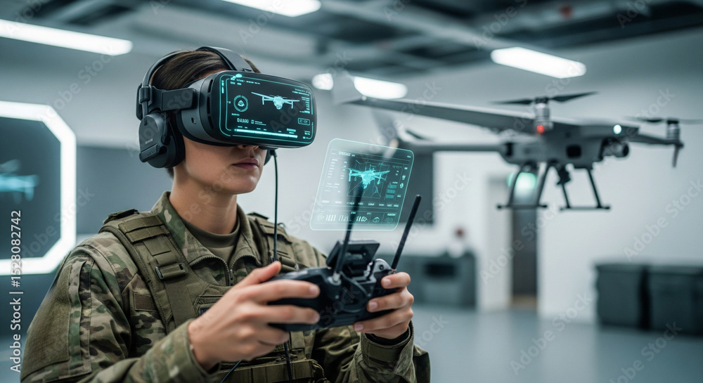 Female soldier drone operator wearing virtual reality glasses controls ...