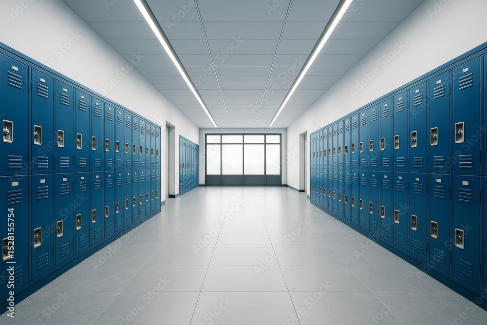 Empty school hallway with blue lockers and modern ceiling lights in a ...