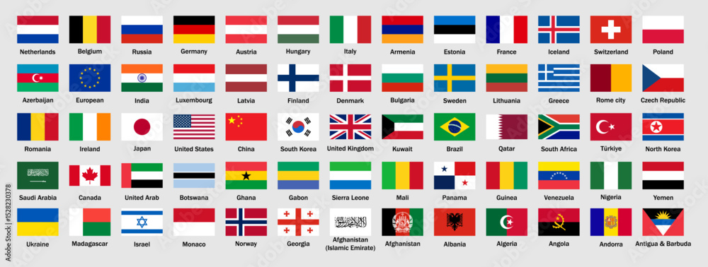 Collection of world national flags with country names. World country ...