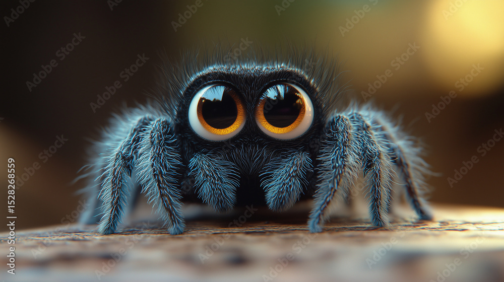 Fluffy Charmer: Funny cartoon jumping spider with huge kind eyes evokes ...