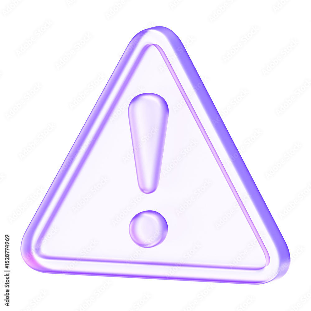Minimal glass style warning icon in purple tones, representing caution ...