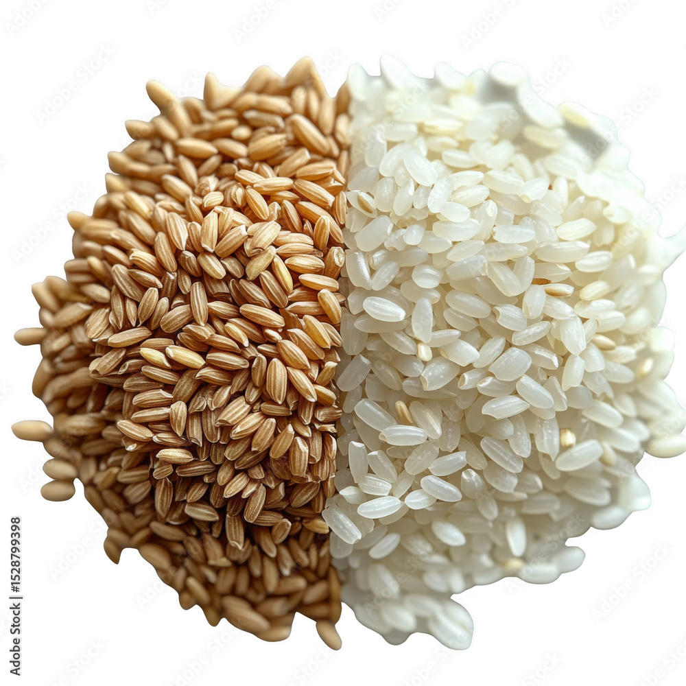 Two distinct piles of rice grains, one brown and one white, closely ...