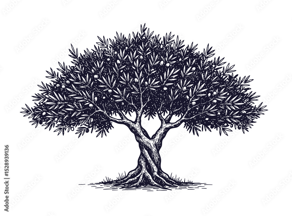 olive tree full of ripe olives, set in a serene landscape with ...
