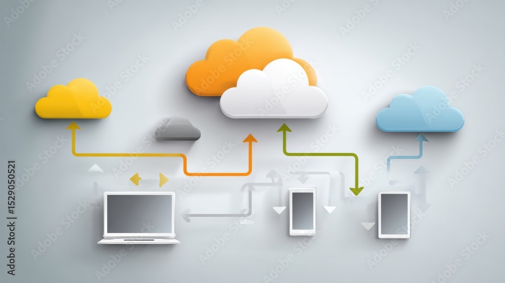 Cloud Storage Concept Infographic Featuring Devices Communicating With Cloud Icons in a Flat ...