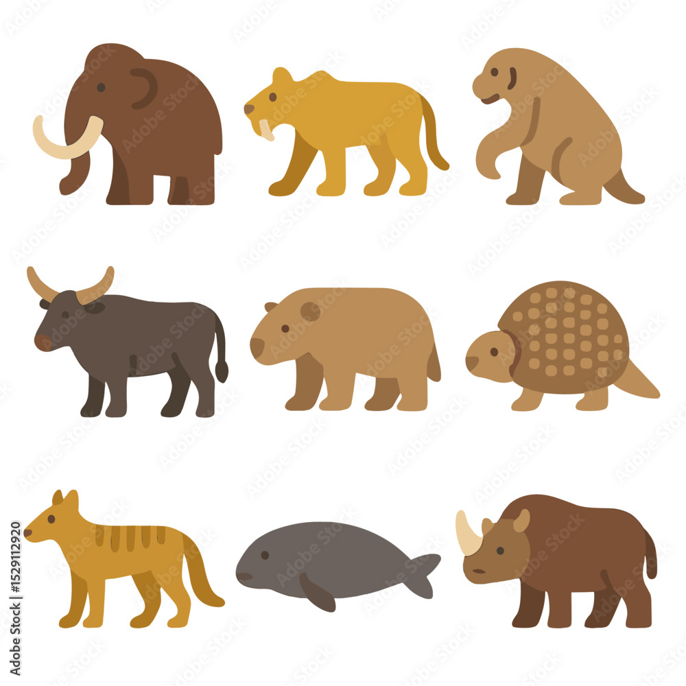 Extinct Megafauna Icons. Flat icon set of extinct megafauna: woolly ...