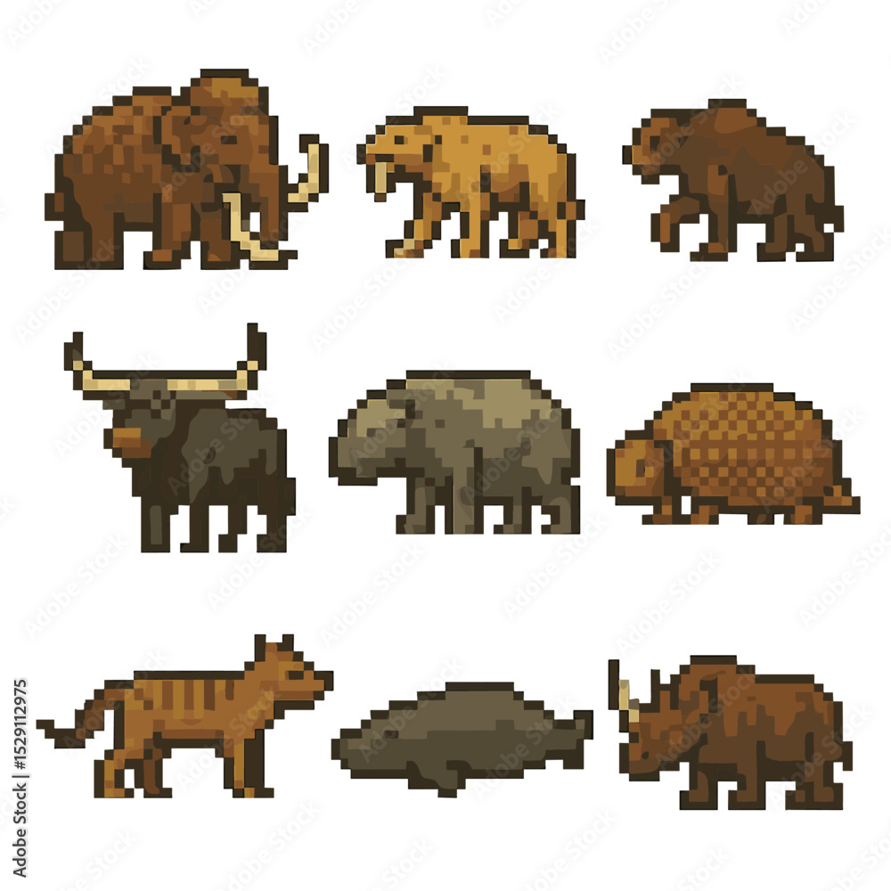Extinct Megafauna Icons. Pixel art icon set of extinct megafauna ...