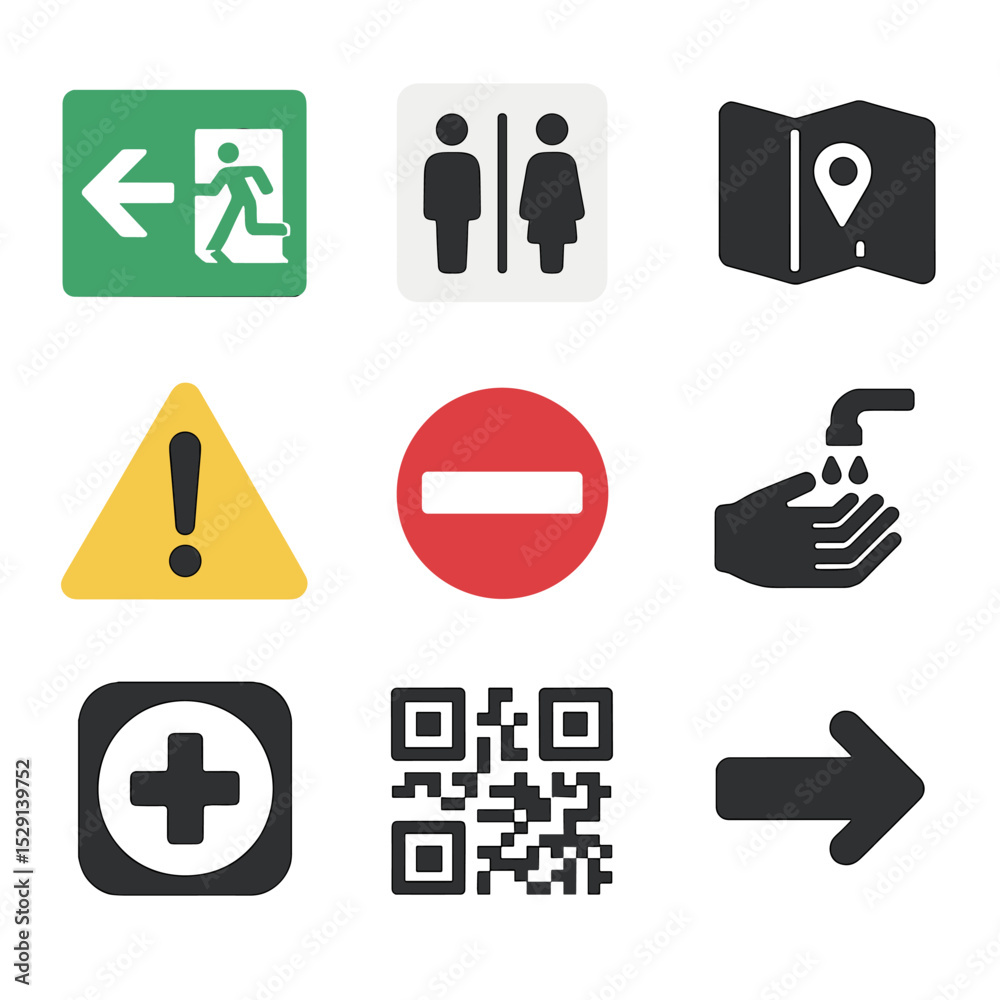 Signage Icon Set. Flat icon set of signage and wayfinding: exit sign ...
