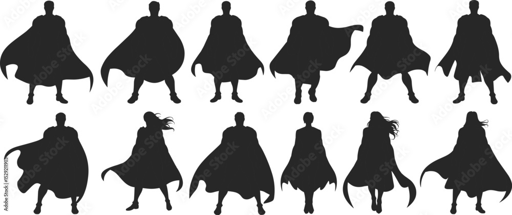 Silhouettes of superheroes in cape poses, male and female heroic ...