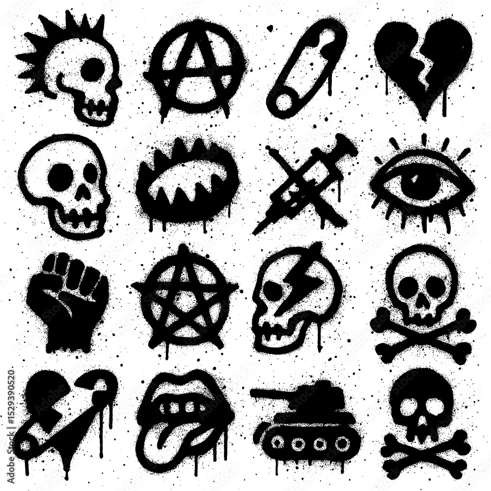 Graffiti Punk Icons – Spray Paint Symbols with Blood Splatter Effect ...