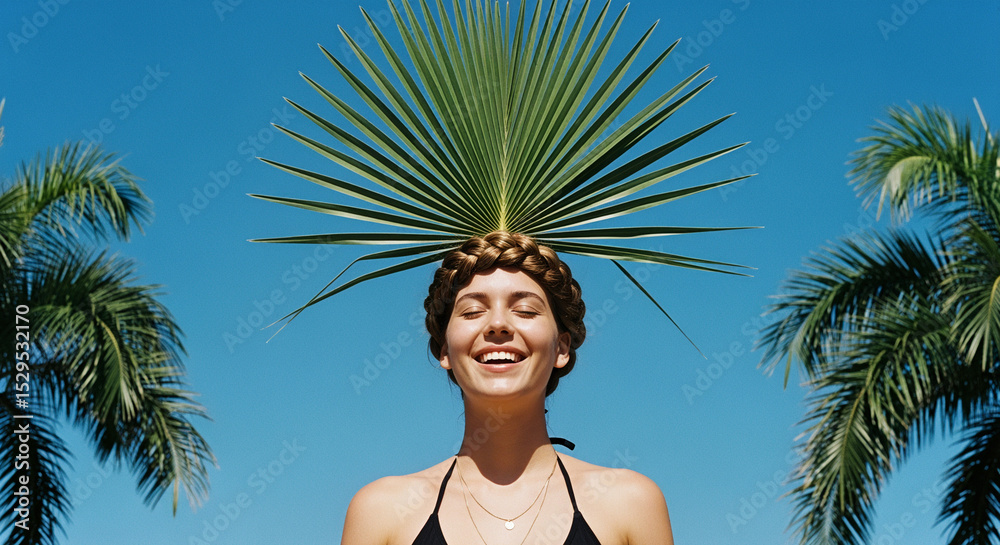 Woman with Palm Leaf Crown, Braided Hair, Vibrant Summer Look Stock ...