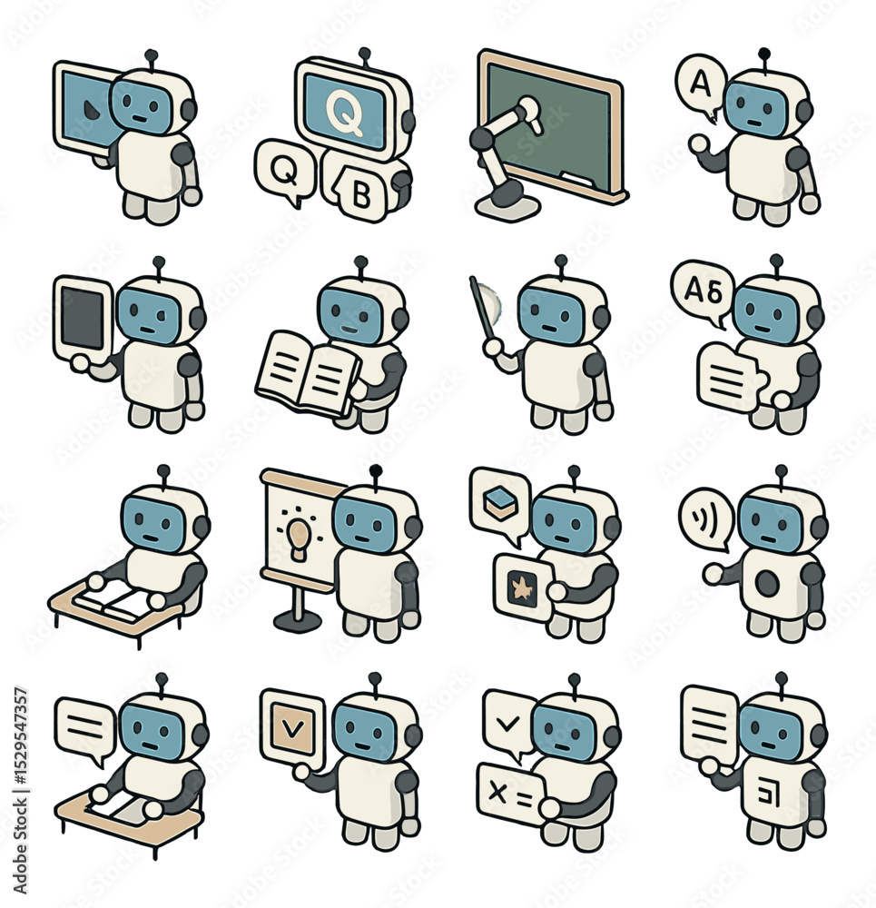 Educational robot assistant isometric set. teaching bot with screen ...