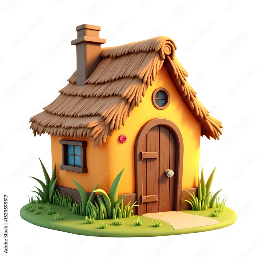 A whimsical cartoon house with a thatched roof and a round window ...