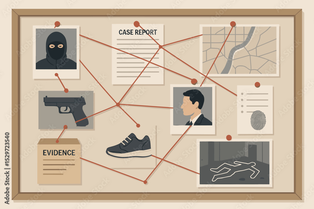 Detective evidence board for a murder investigation. Police case file ...