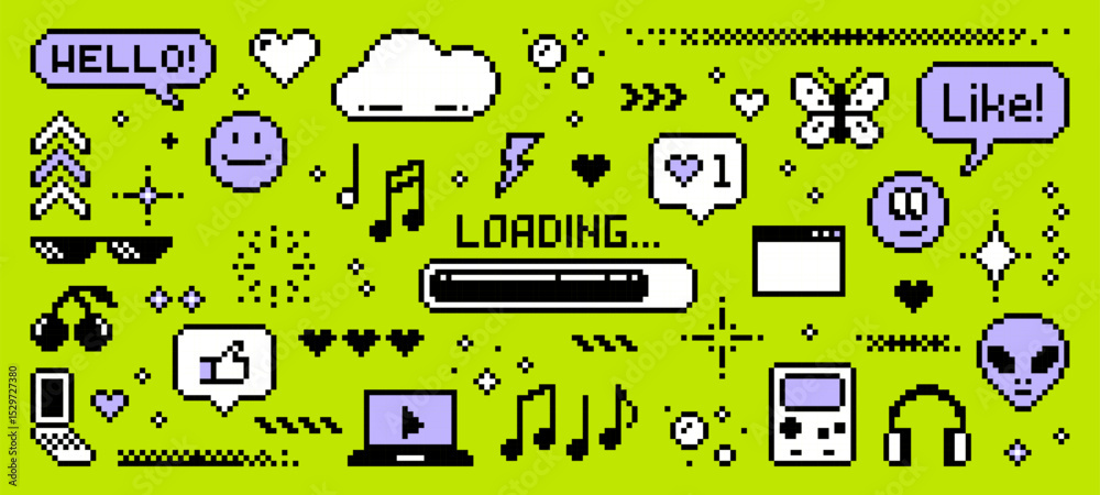 A diverse y2k pixel art icon collection. Pixelated internet, video game ...