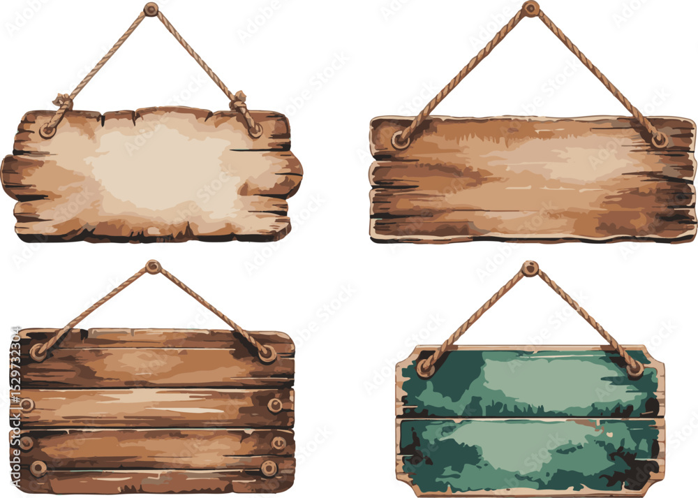 Four rustic wooden signs hanging isolated on white background Stock ...