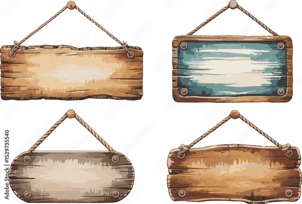 Four rustic wooden signs hanging isolated on white background Stock ...