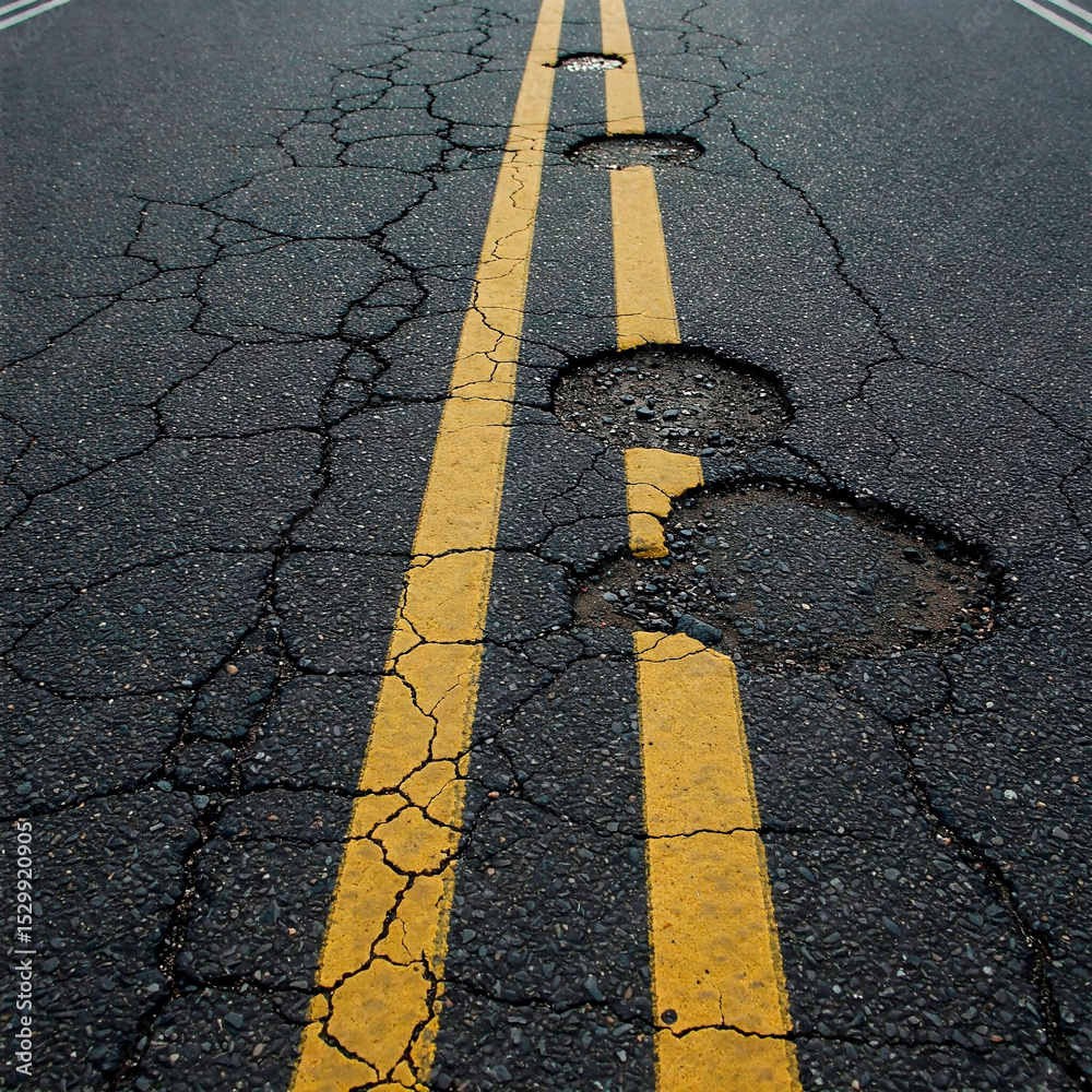 Cracked Asphalt Road with Potholes and Faded Yellow Lines, Urban Decay ...